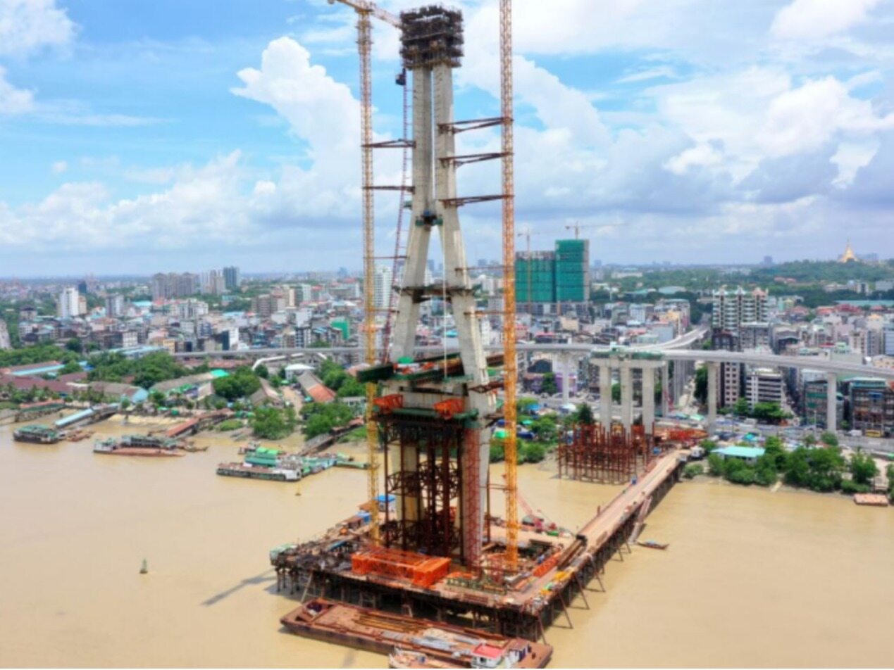The main tower of the Han Myanmar Friendship (Dala) Bridge project is ...